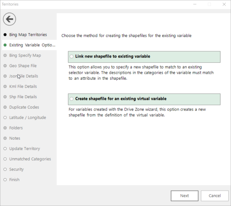Territories Wizard Existing Variable Options