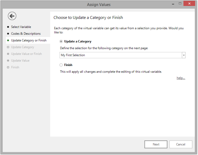 Assign Values Wizard: Update Category or Finish