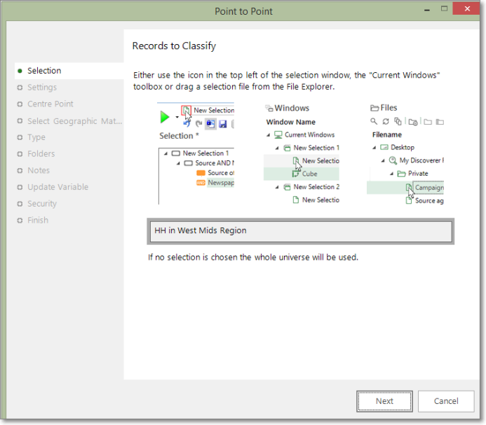 Point to Point Wizard: Selection